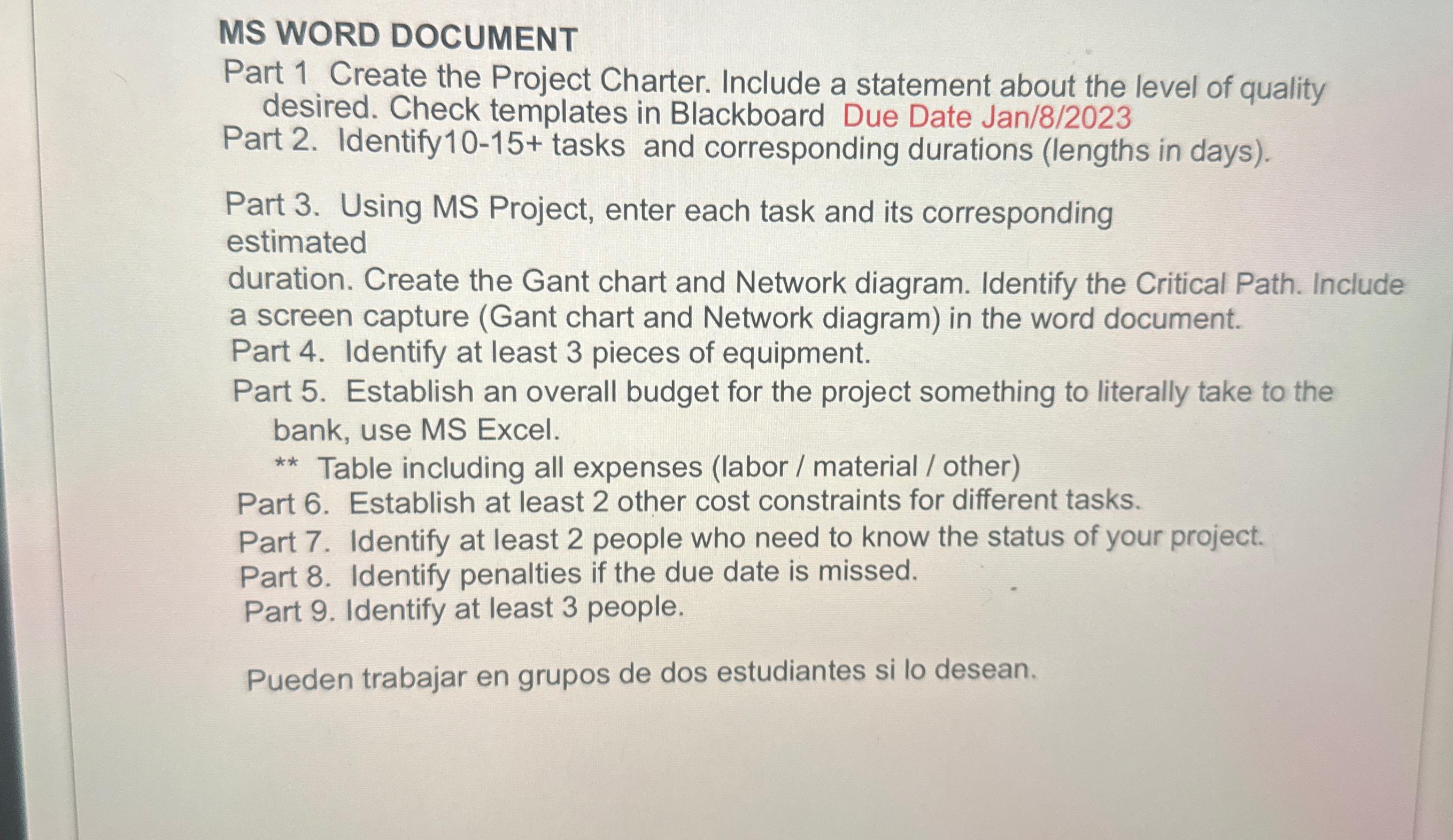 Solved MS WORD DOCUMENTPart 1 ﻿Create the Project Charter. | Chegg.com