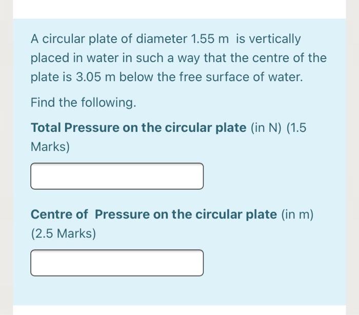 Solved A circular plate of diameter 1.55 m is vertically | Chegg.com