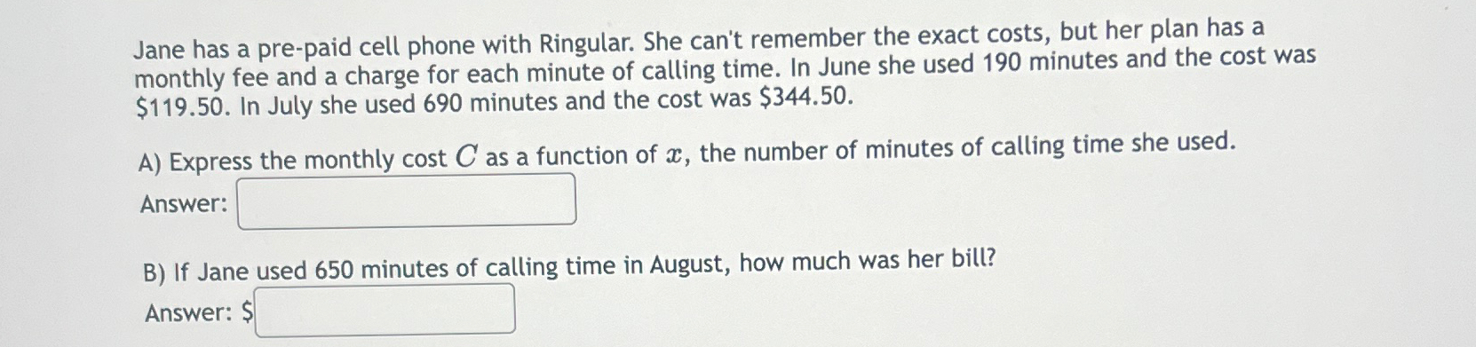 Solved Jane has a pre-paid cell phone with Ringular. She | Chegg.com