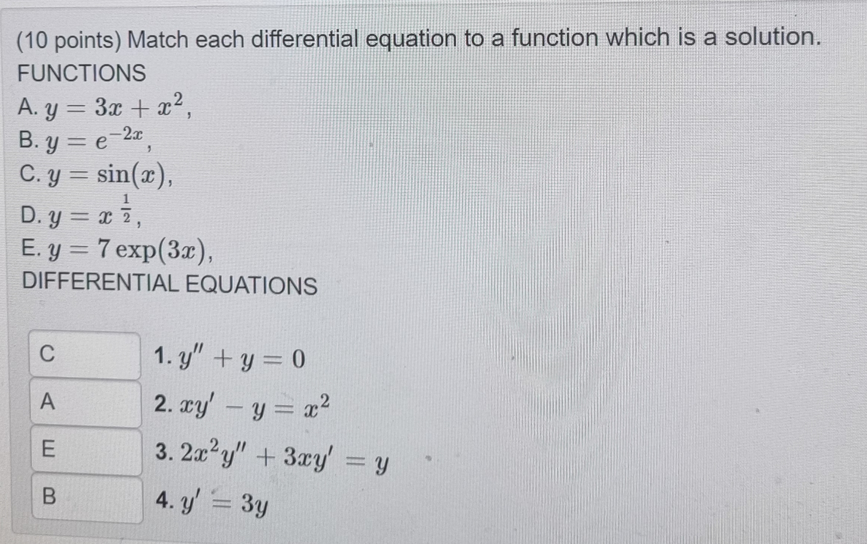 Solved (10 ﻿points) ﻿Match each differential equation to a | Chegg.com