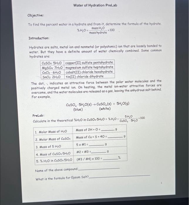 Solved Water of Hydration PreLab Objective: To find the | Chegg.com