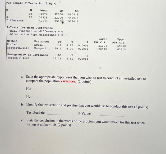*ASAP* Thank you for your help. Two-Sample T Tests | Chegg.com