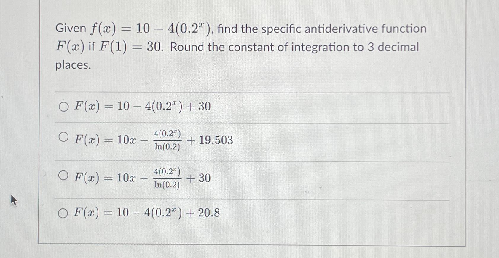 Solved Given f(x)=10-4(0.2x), ﻿find the specific | Chegg.com