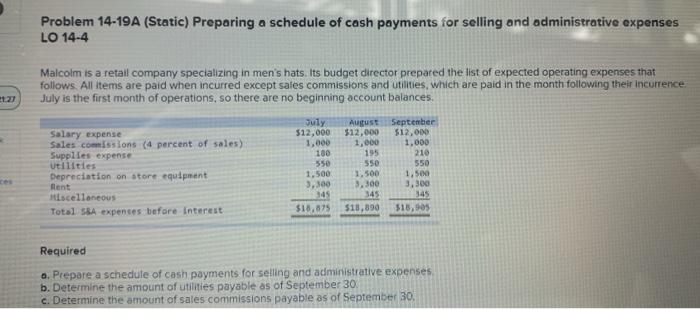 Solved Problem 14-19A (Static) Preparing a schedule of cash | Chegg.com