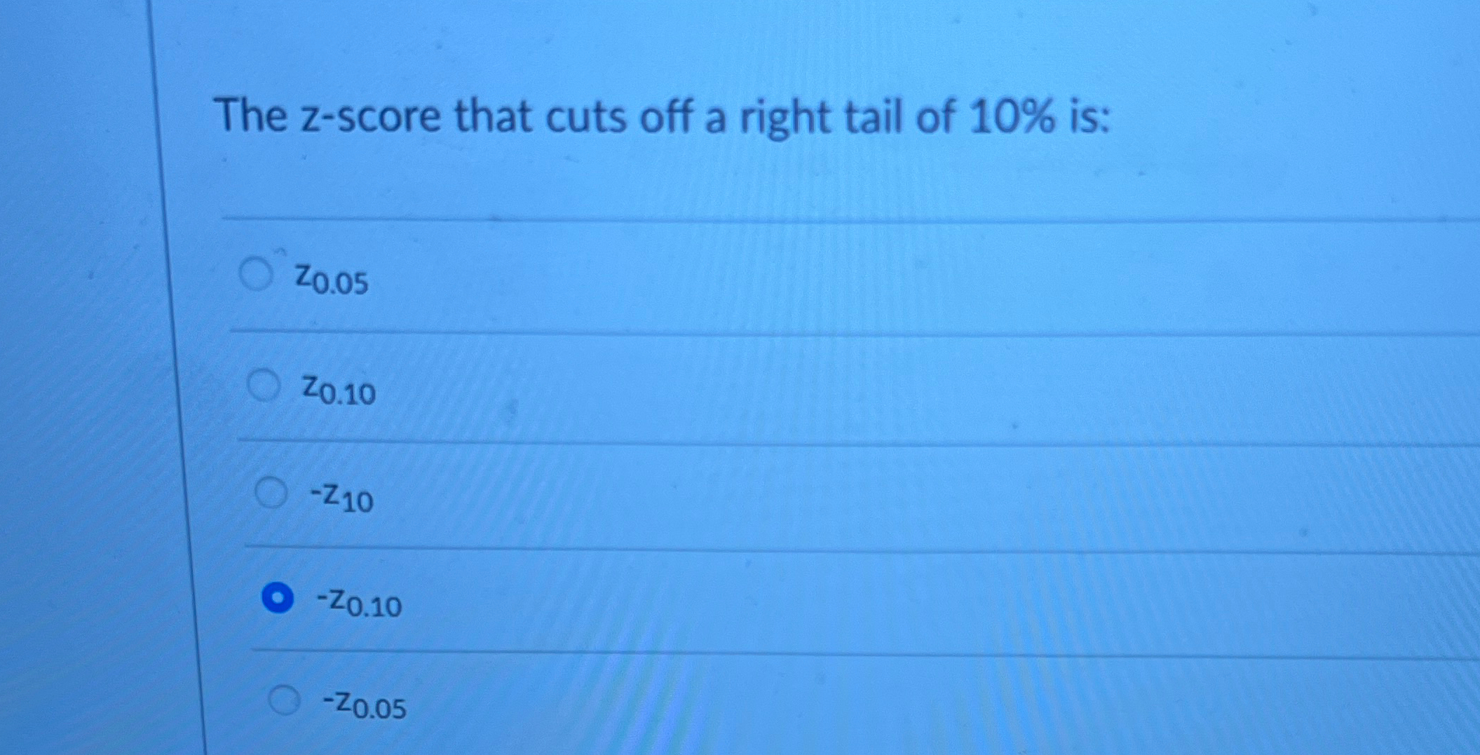 Solved The z-score that cuts off a right tail of 10% ﻿is: | Chegg.com