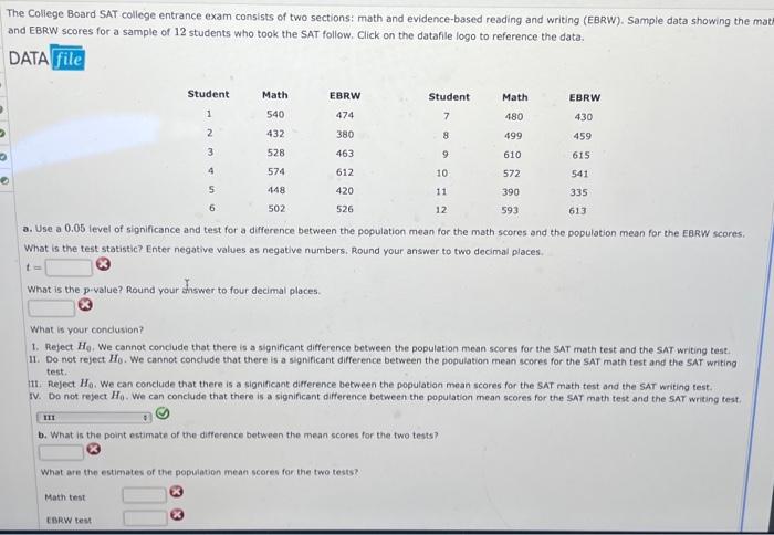 Solved The College Board SAT college entrance exam consists | Chegg.com