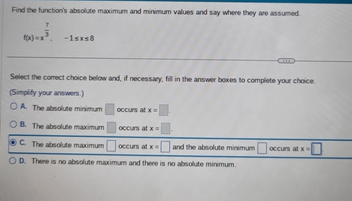 Solved Find the function's absolute maximum and minimum | Chegg.com