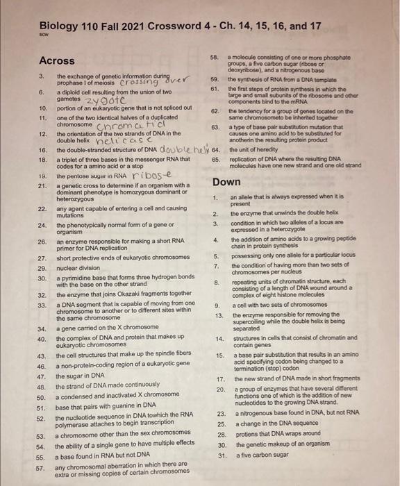 Solved Biology 110 Fall 2021 Crossword 4 - Ch. 14, 15, 16, | Chegg.com