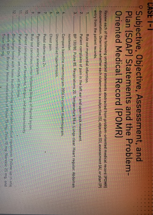 Solved CASE 1-1 O Subjective, Objective, Assessment, and | Chegg.com
