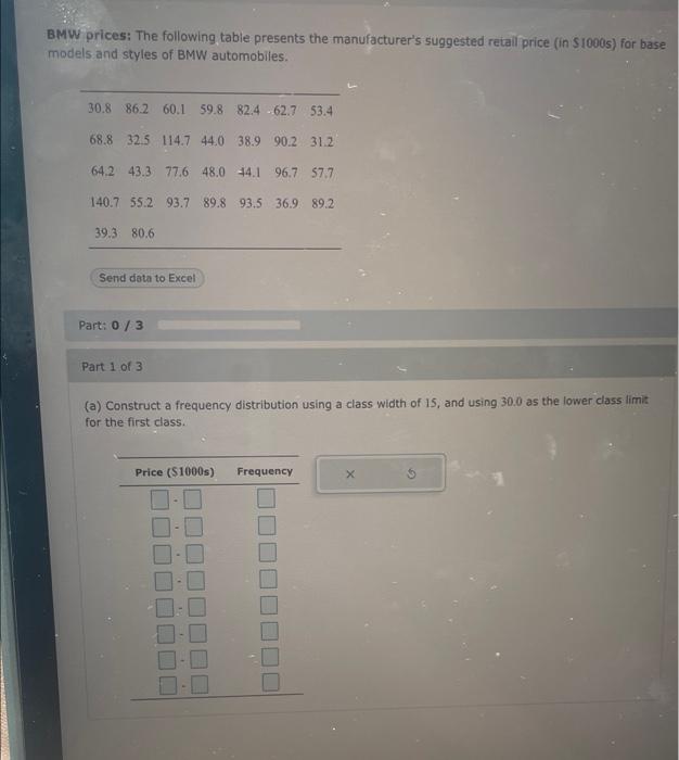 Solved BMW prices: The following table presents the | Chegg.com