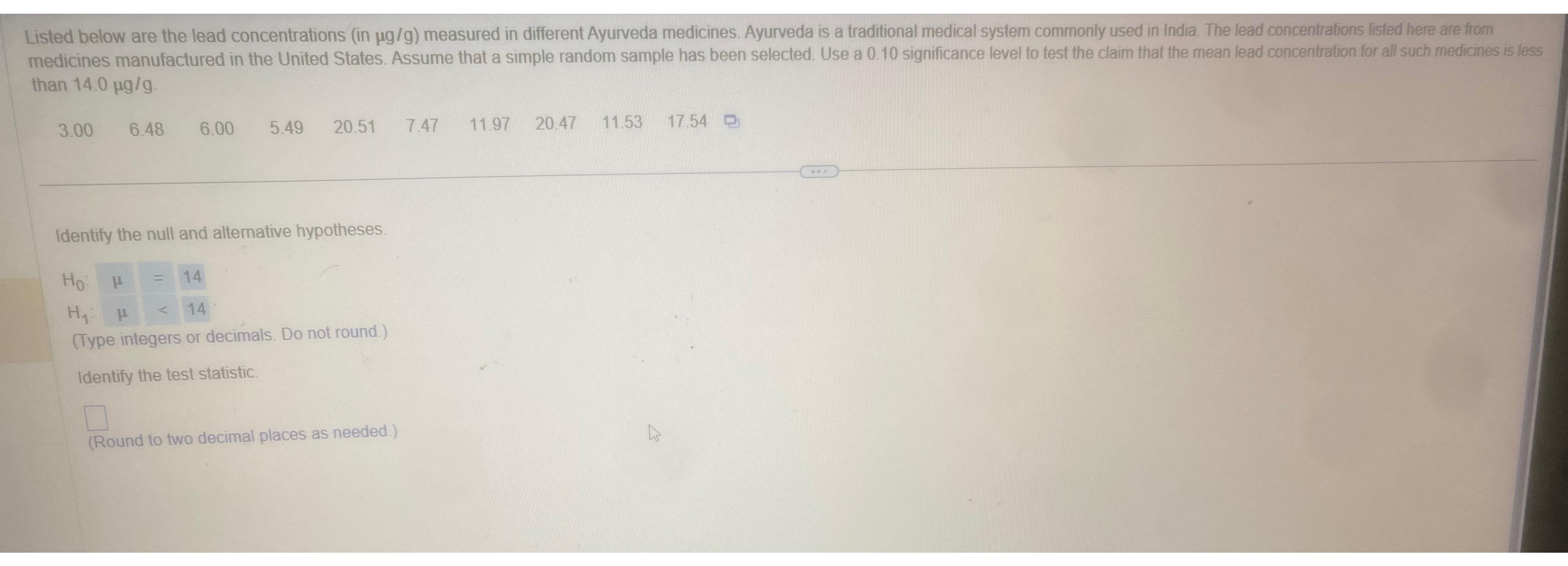 Solved than 14.0μgg.Identify the null and alternative | Chegg.com