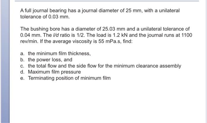 Solved A full journal bearing has a journal diameter of 25 | Chegg.com