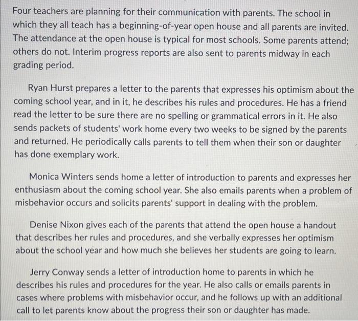 Solved Four teachers are planning for their communication | Chegg.com