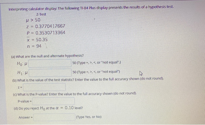 Solved Interpreting calculator display: The following TI-84 | Chegg.com