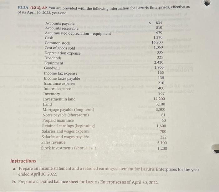Solved P2.3A (LO 1), AP You are provided with the following | Chegg.com