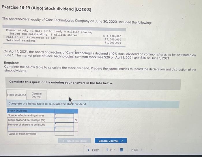 Solved Exercise 18-19 (Algo) Stock dividend [LO18-8] The | Chegg.com