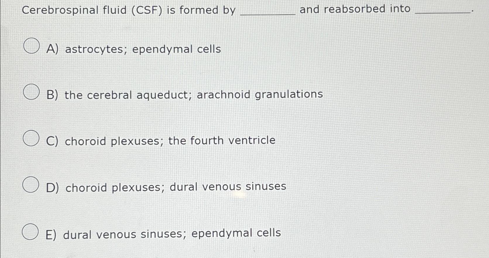 Solved Cerebrospinal fluid (CSF) ﻿is formed by and | Chegg.com