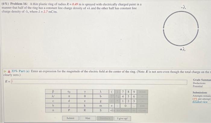 Solved (6\%) Problem 16: A thin plastic ring of radius | Chegg.com