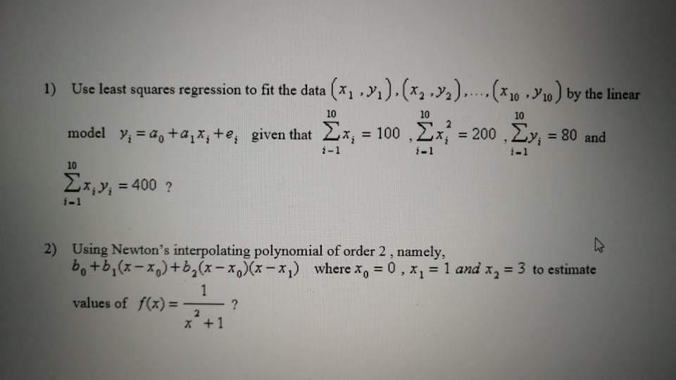 Solved 1) Use least squares regression to fit the data | Chegg.com