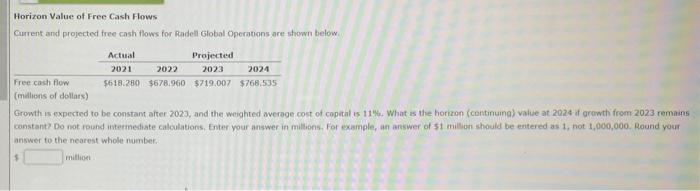 Solved Horizon Value of Free Cash Flows Current and | Chegg.com