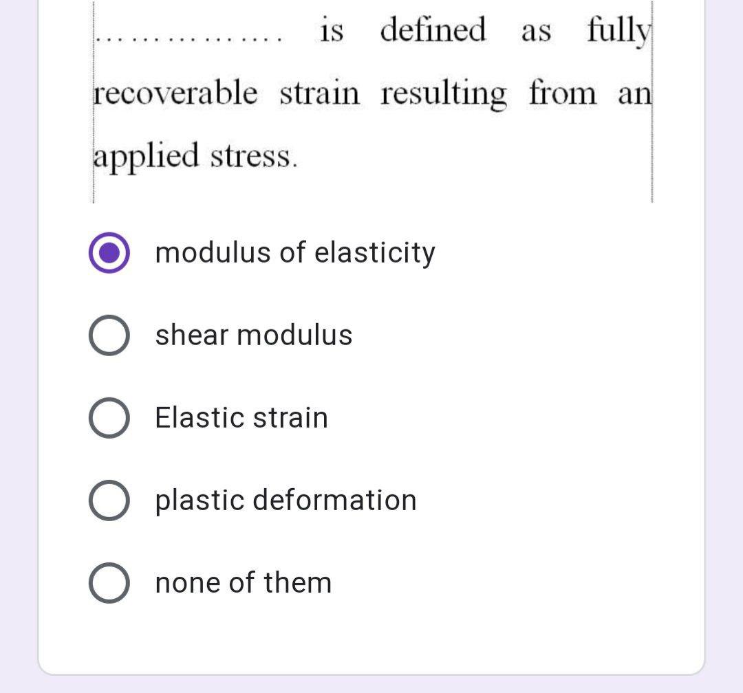 Solved is defined as fully recoverable strain resulting from | Chegg.com