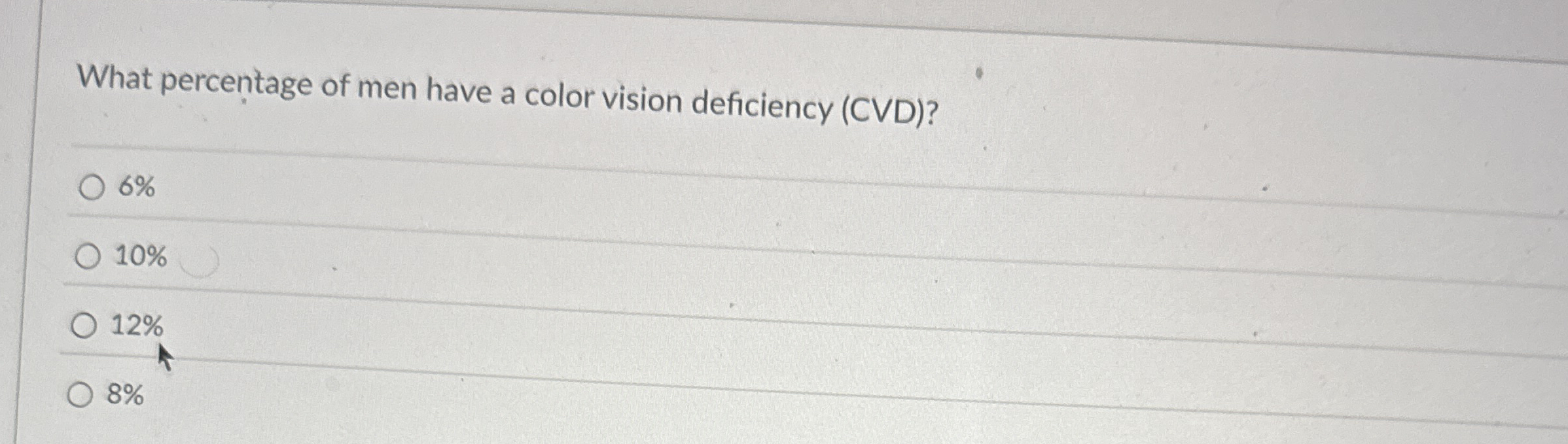 Solved What percentage of men have a color vision deficiency | Chegg.com