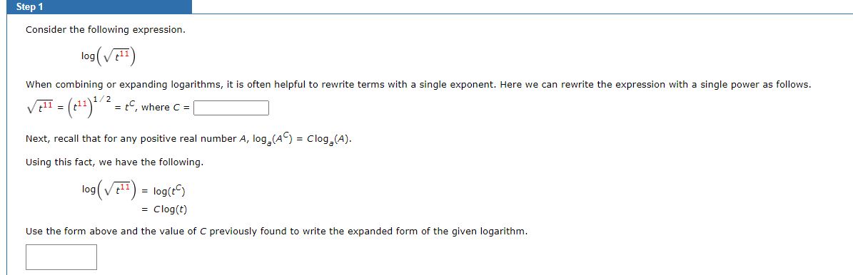 Solved Step 1Consider the following expression.log(t112)When | Chegg.com