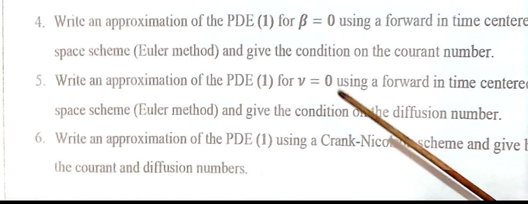 Solved (1) :∂t∂u+v∂x∂u=β∂x2∂2u+g(tn,xi)4. Write an | Chegg.com