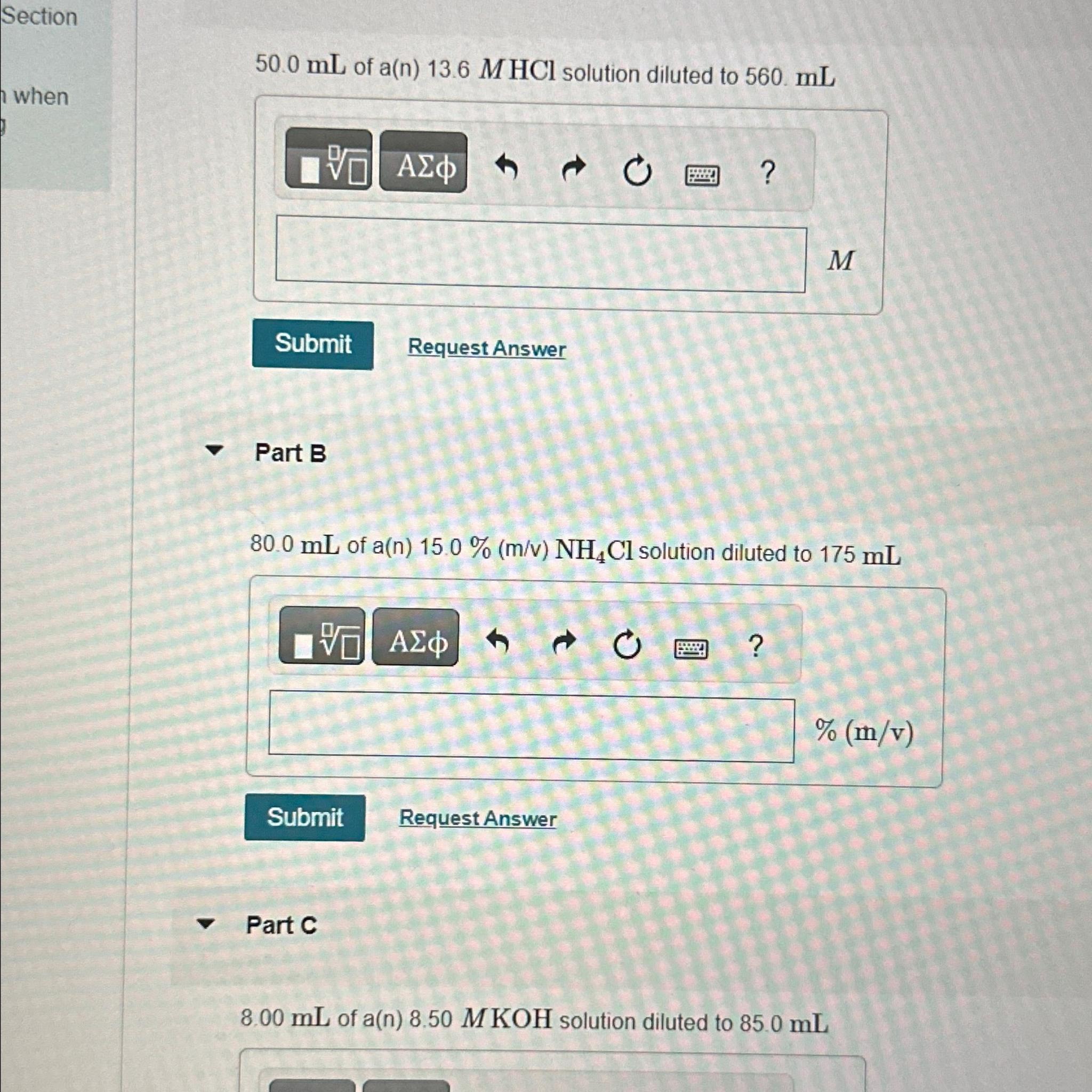 Solved Section50.0mL ﻿of a(n)13.6MHCl ﻿solution diluted to | Chegg.com