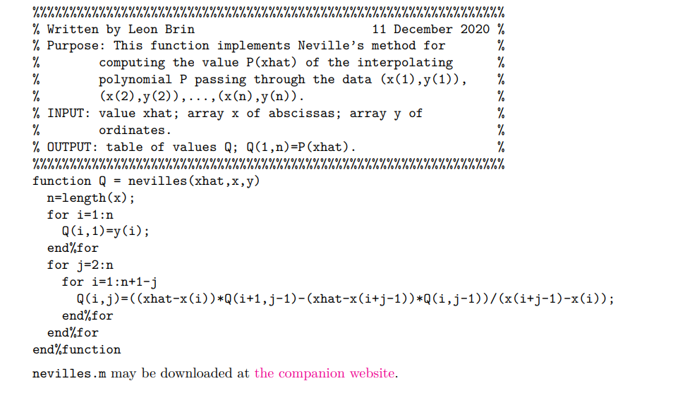 Modify the Neville’s method Octave code on page 120 | Chegg.com