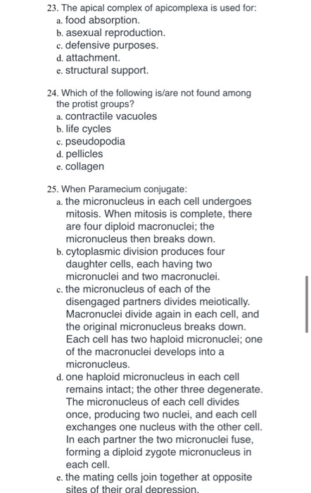 Solved 23. The apical complex of apicomplexa is used for: a. | Chegg.com