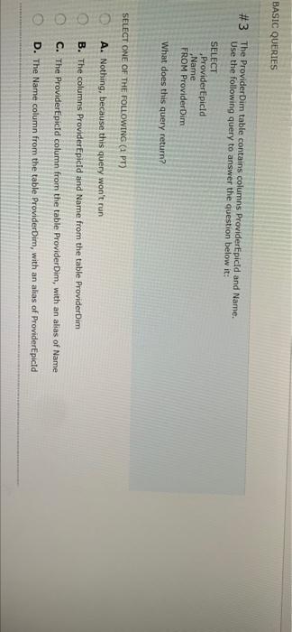 Solved BASIC QUERIES #3 The Provider Dim table contains | Chegg.com