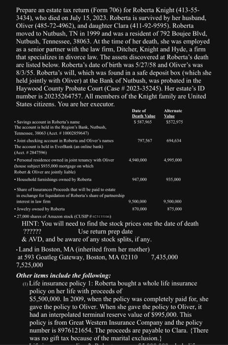 Prepare an estate tax return (Form 706) for Roberta | Chegg.com