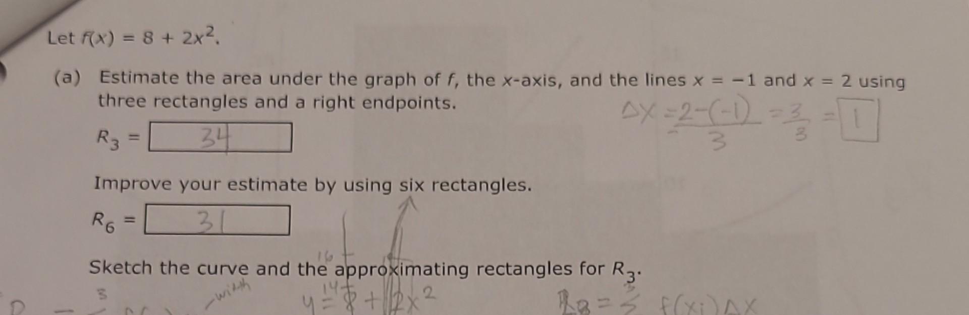 Solved let f(x)=8+2x^2. Estimate rhe area under the graph | Chegg.com