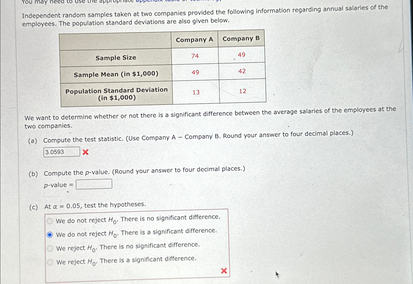 Solved Independent random samples taken at two companies | Chegg.com