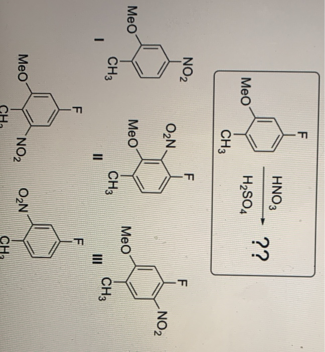 Solved HNO3 - ?? Meo H2SO4 CHз NO2 Meo Meo Meo CH3 CH, CH3 F | Chegg.com