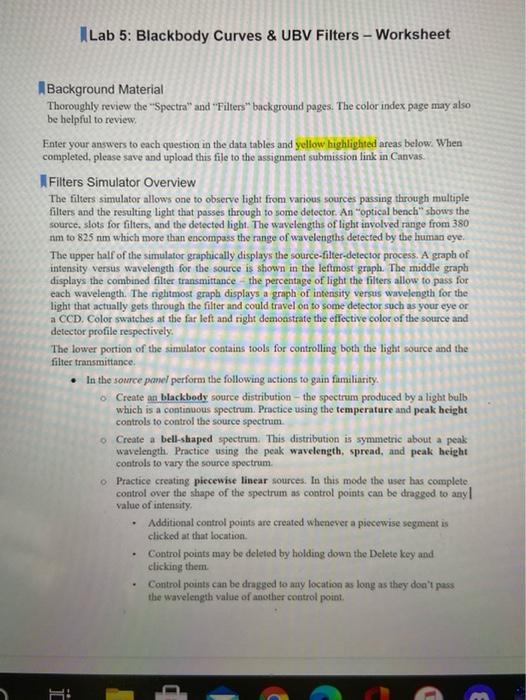 I Lab 5: Blackbody Curves & UBV Filters - Worksheet | Chegg.com