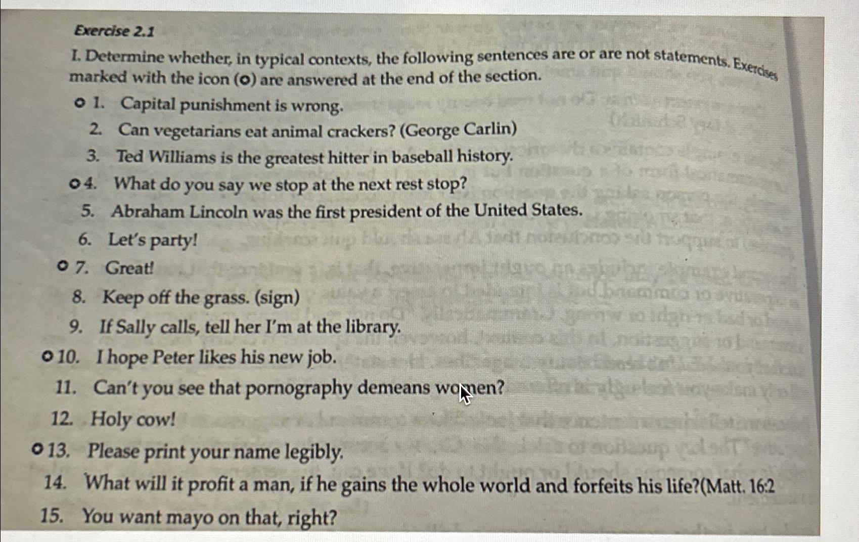 Solved Exercise 2.1I. Determine whether, in typical | Chegg.com