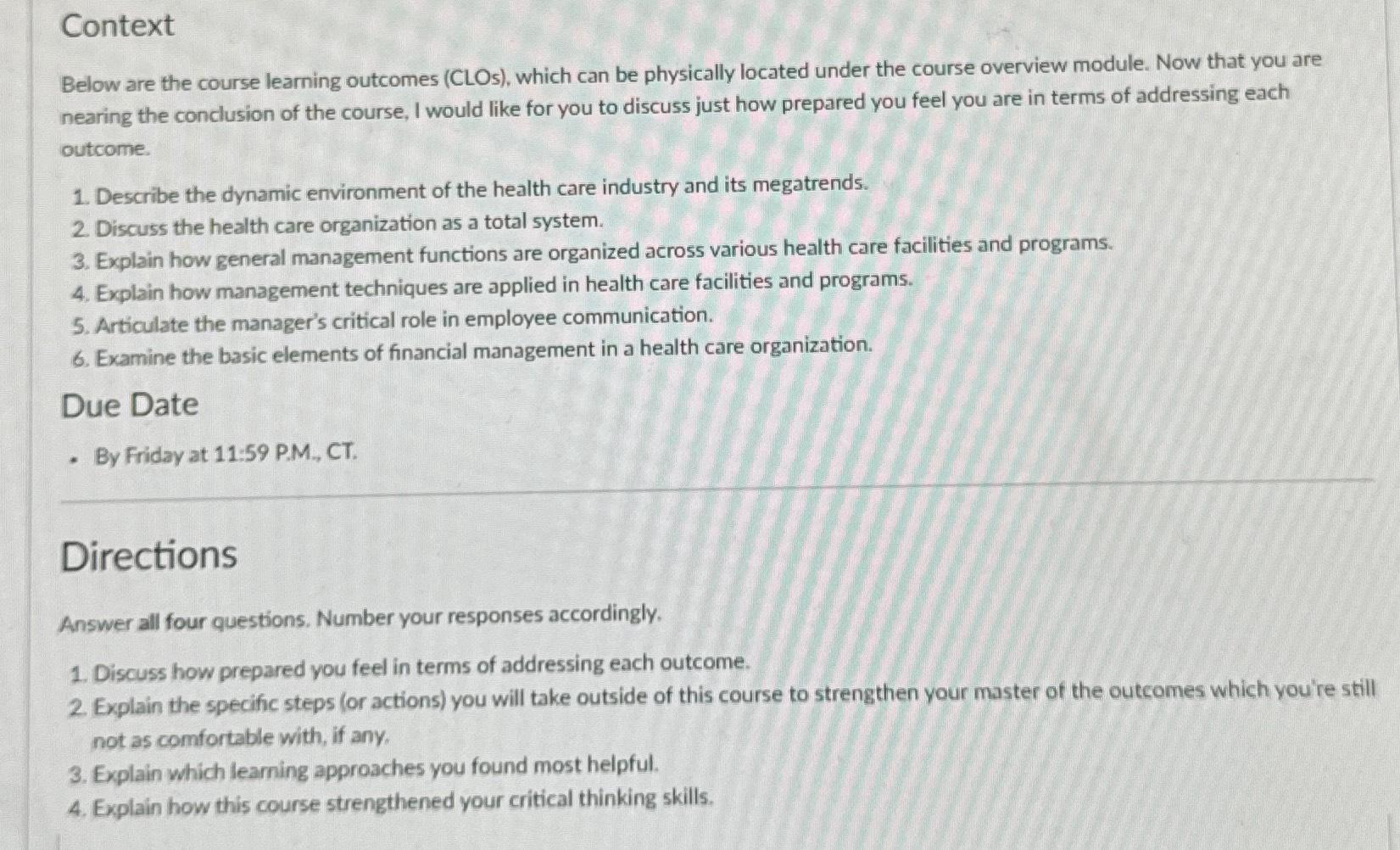 Solved ContextBelow are the course learning outcomes (CLOs), | Chegg.com