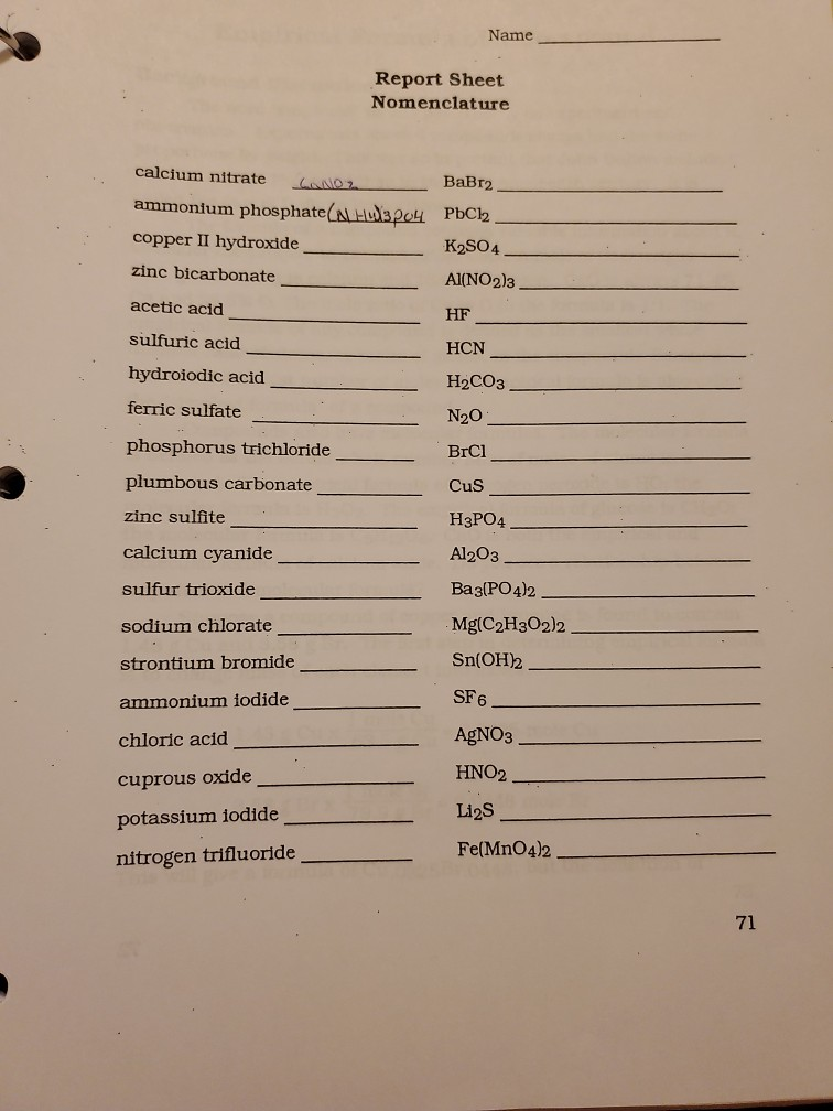 Solved Name Report Sheet Nomenclature calcium nitrate BaBr2 | Chegg.com