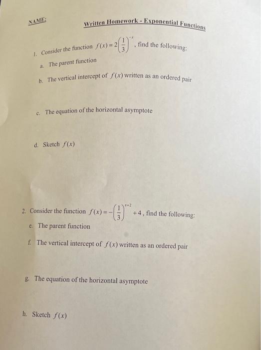 Solved NAME: Written Homework - Exponential Functions +23) | Chegg.com