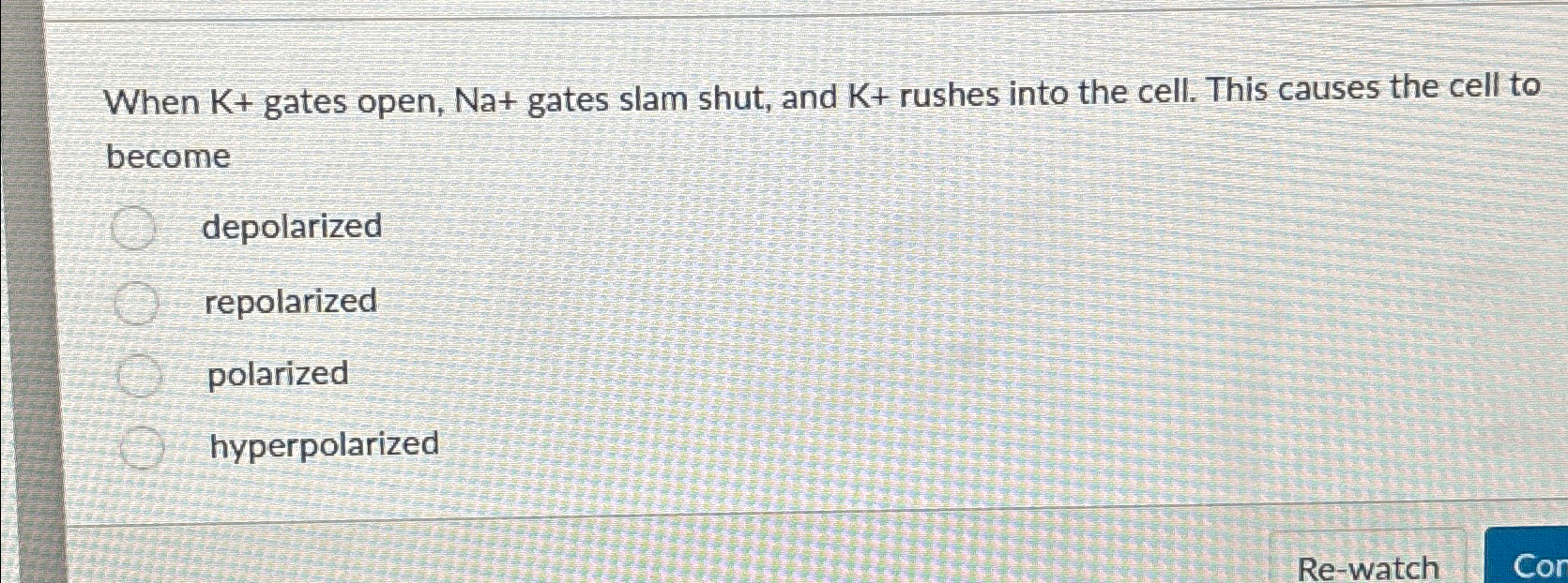 Solved When K+ ﻿gates open, Na+ ﻿gates slam shut, and K+ | Chegg.com