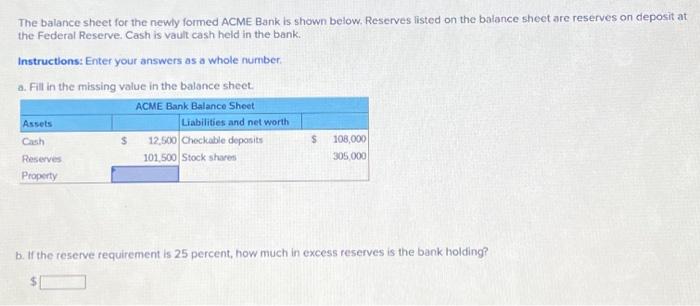 Solved The balance sheet for the newly formed ACME Bank is | Chegg.com