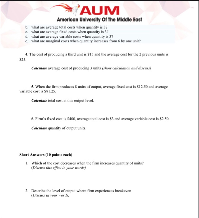 Solved AUM American University Of The Middle East Short | Chegg.com