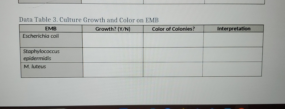 Solved Data Table 3. ﻿Culture Growth and Color on | Chegg.com