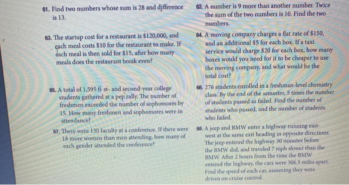 Solved 61. Find two numbers whose sum is 28 and difference | Chegg.com