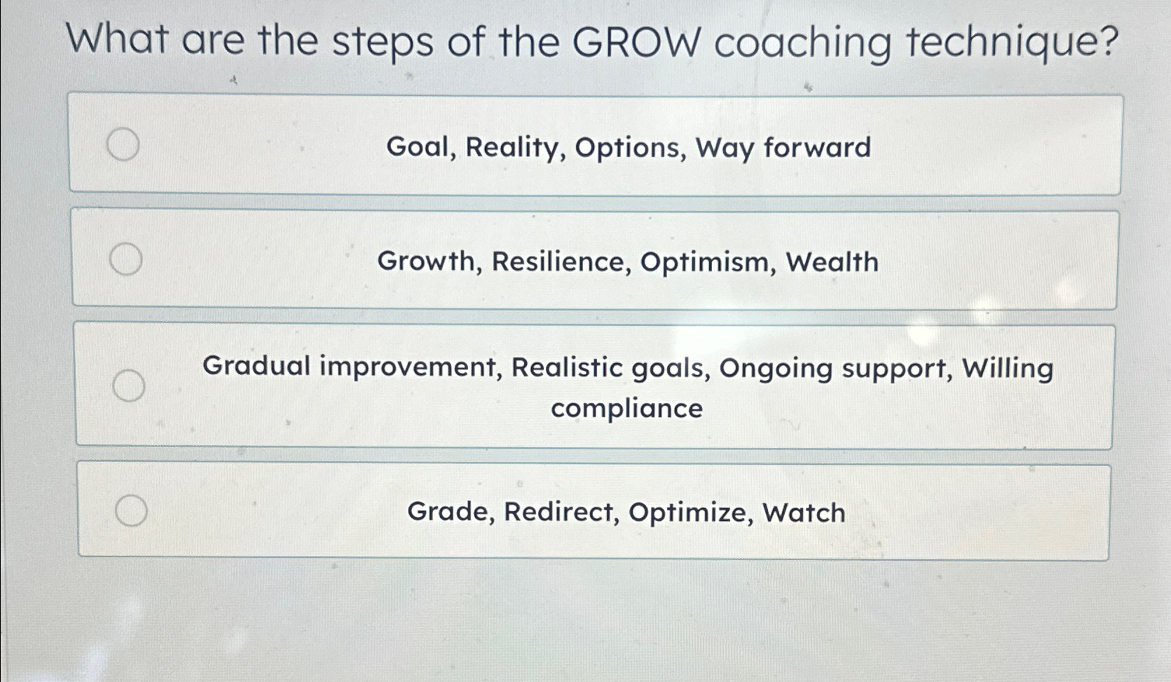 Solved What are the steps of the GROW coaching | Chegg.com