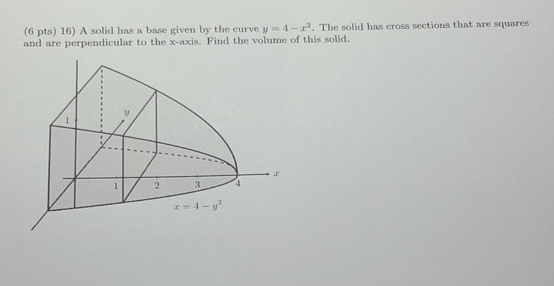 Solved (6 pts) 16) A solid has a base given by the curve y = | Chegg.com