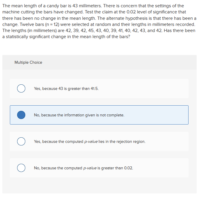 Solved The mean length of a candy bar is 43 ﻿millimeters. | Chegg.com