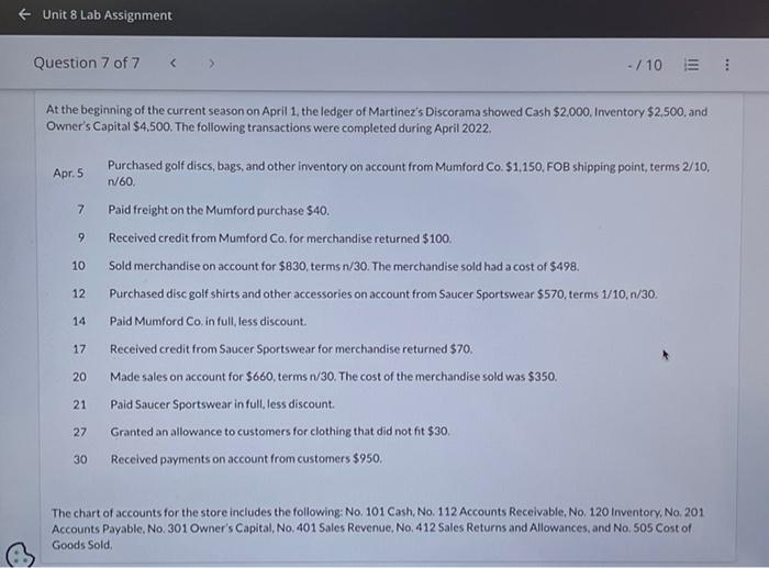 Solved Unit 8 Lab Assignment Question 7 of 7 Apr. 5 At the | Chegg.com
